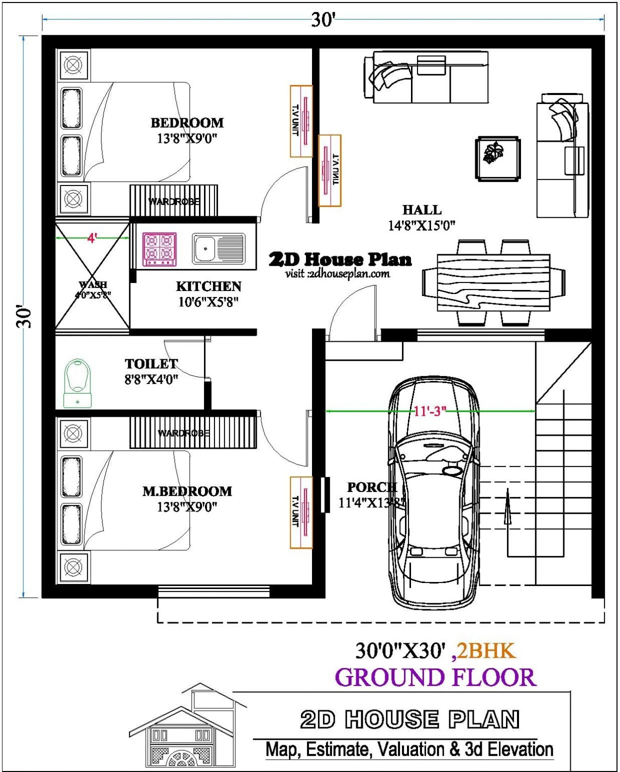 900 Sq Ft House Plans 2 Bedroom | Best 2 30 X30 House Plans