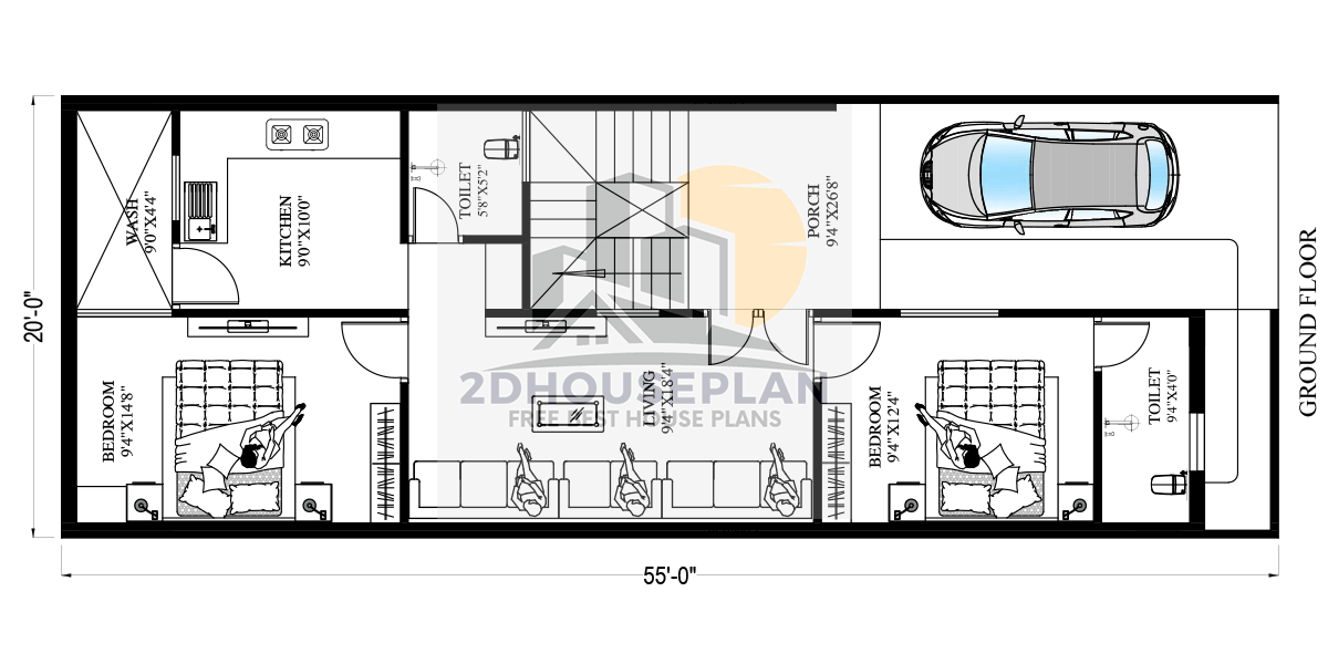 20 X 55 Feet House Plans Low Budget | 120 Gaj | 1100 Sqft