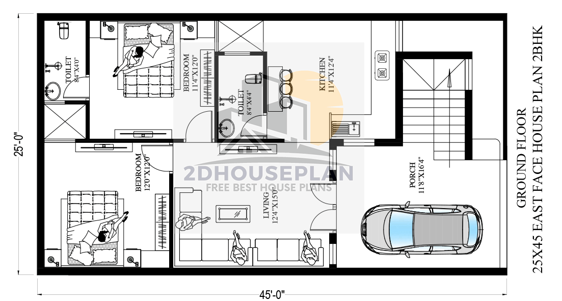 25 X 45 House Plans 2 Bedroom Small Family Plan | 1125 Sqft