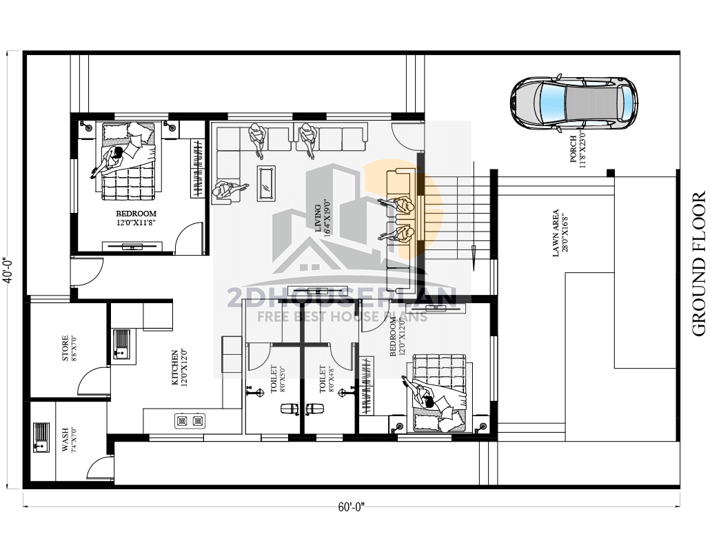 Simple 40 X 60 Feet House Plans 2 Bedroom