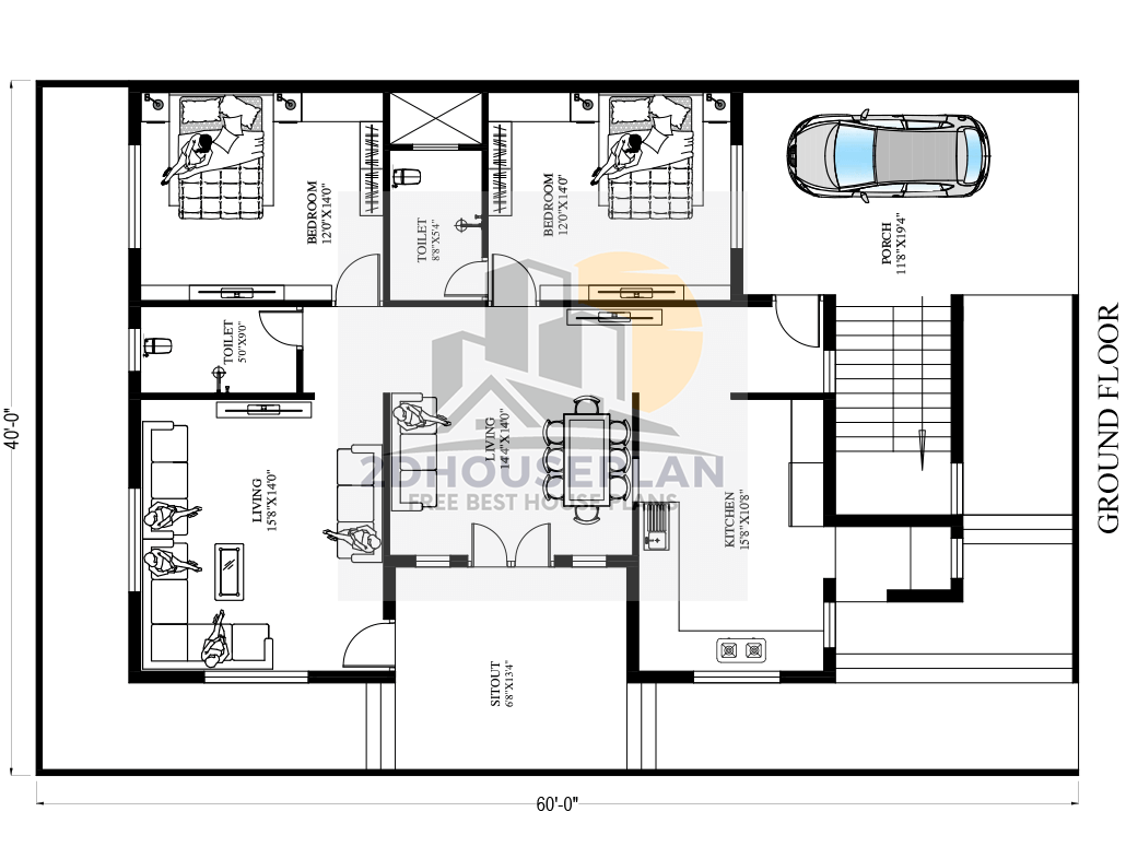 Simple 40 X 60 Feet House Plans 2 Bedroom