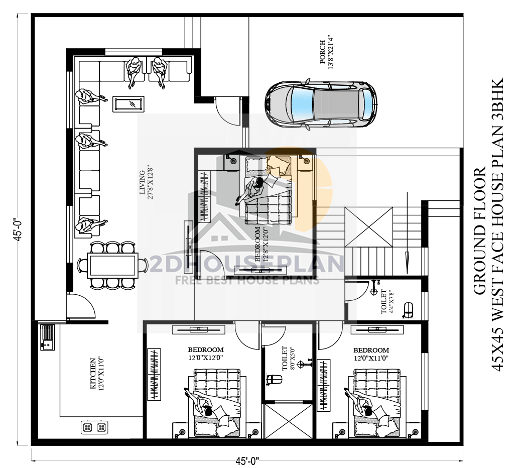 45x45 House Plans 2 Bedroom With Parking