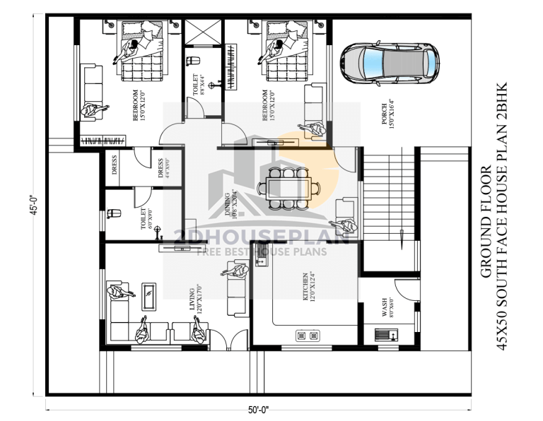 45x50 House Plans 3 Bedroom
