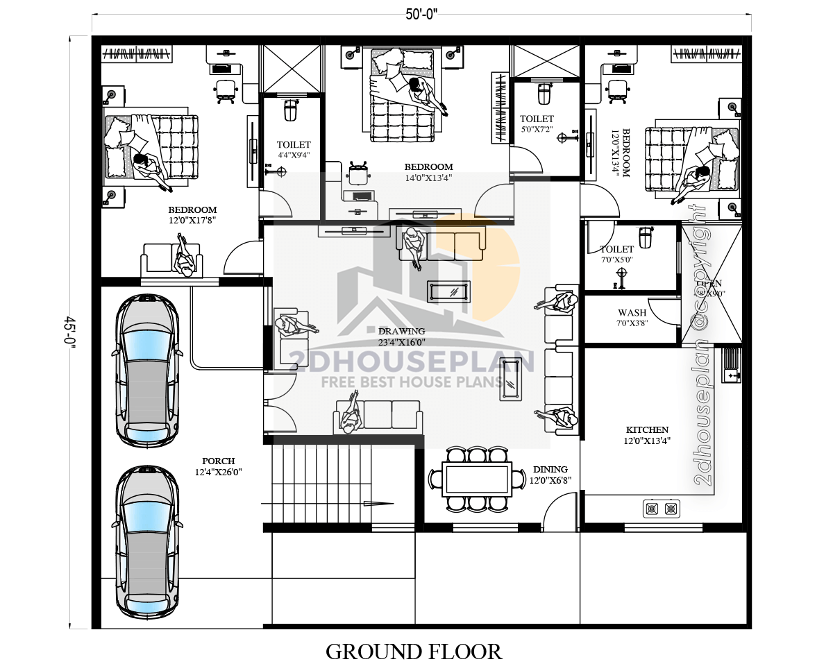 50 X 45 Floor Plan With Car Parking | 2250 Sqft House Plans