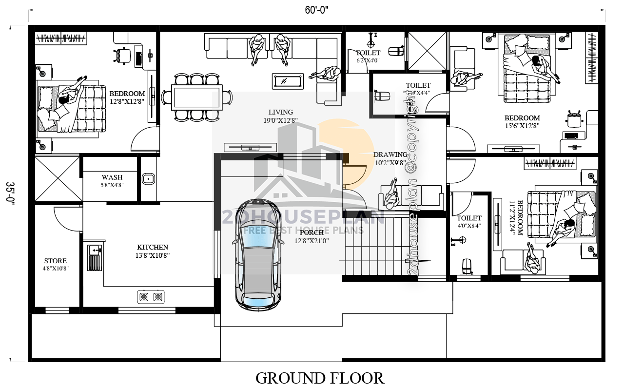 Modern 60 X 35 House Plans 3bhk